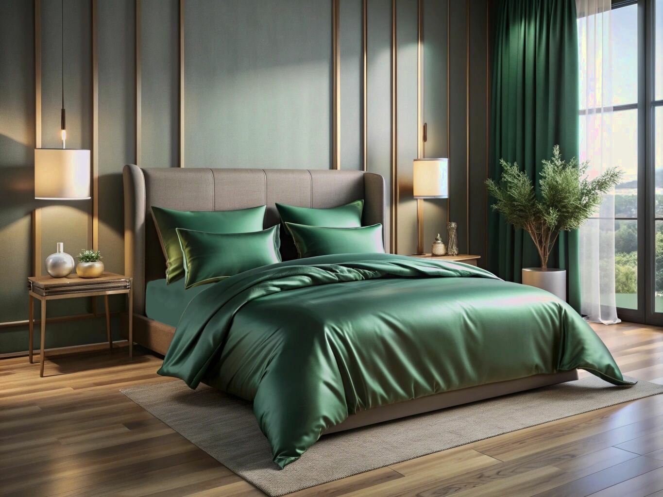 Постельное бельё тенсель 1,5 спальное на резинке 140х200х30 - М - 60S 4225 Зелёный лесной с наволочками 50х70