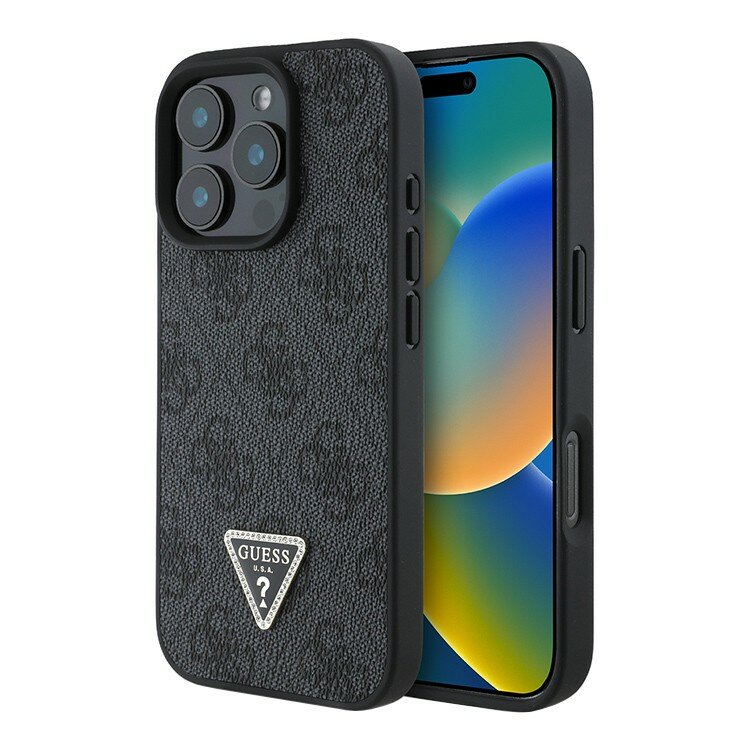 Guess чехол для iPhone 16 Pro, PU-кожа 4G Triangle Diamond logo черный