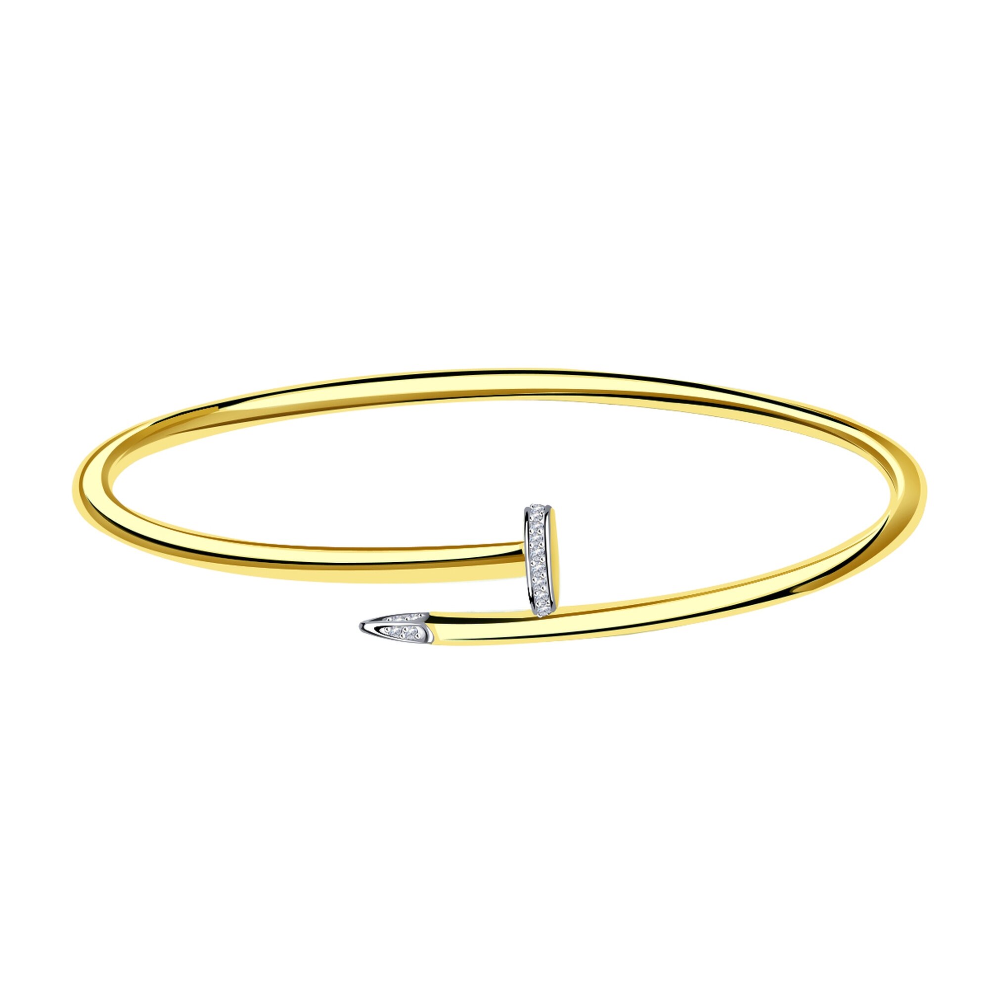 Жесткий браслет, желтое золото, 585 проба, фианит