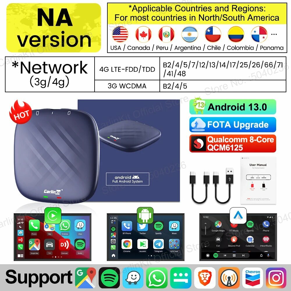 CarlinKit Беспроводная навигационная система Box Android 13 CarPlay Ai Box 4GB 64GB, NA Tbox-Plus