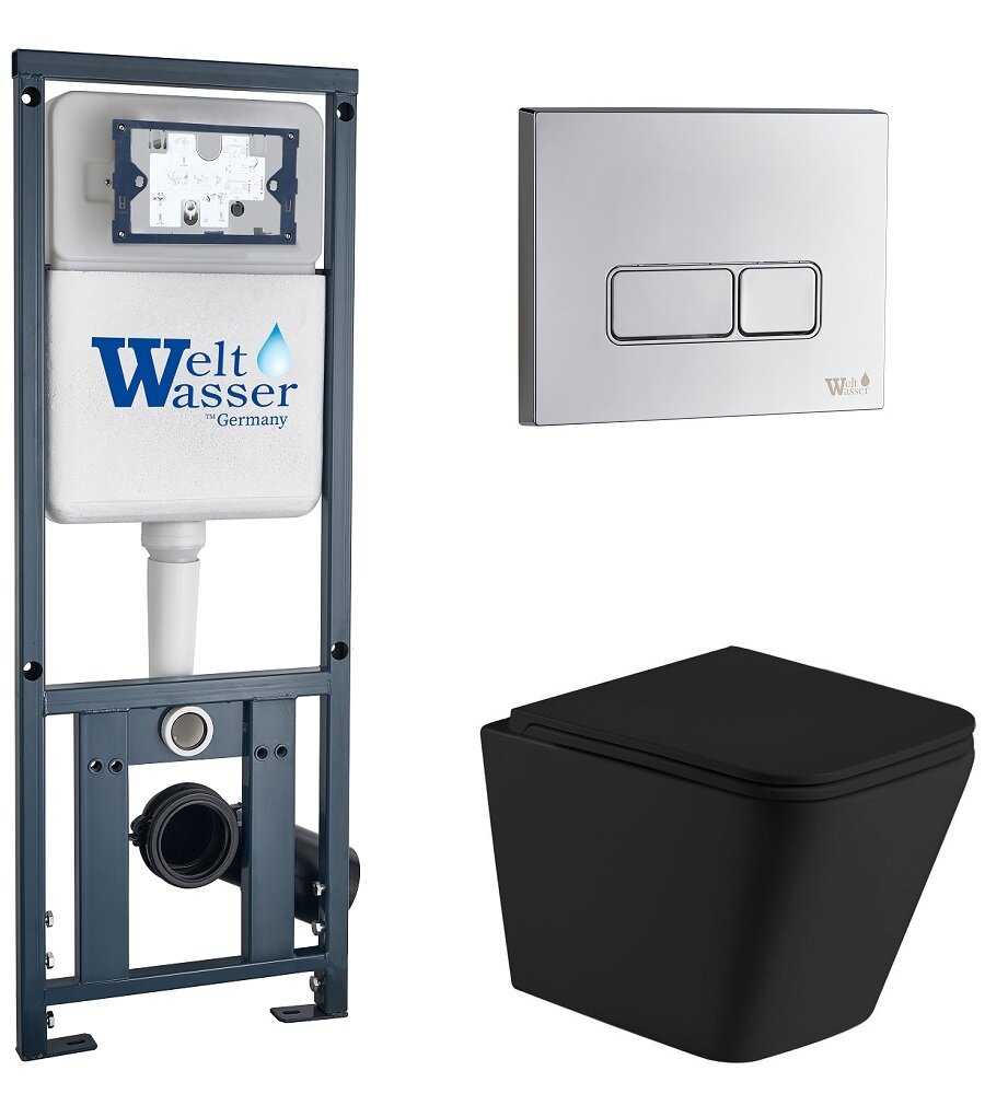 Унитаз подвесной WeltWasser MARBERG 410 + GELBACH 043 MT-BL + MAR 410 SE CR черный матовый, безободковый, с крышкой микролифт, слив-торнадо, с инсталляцией и кнопкой хром