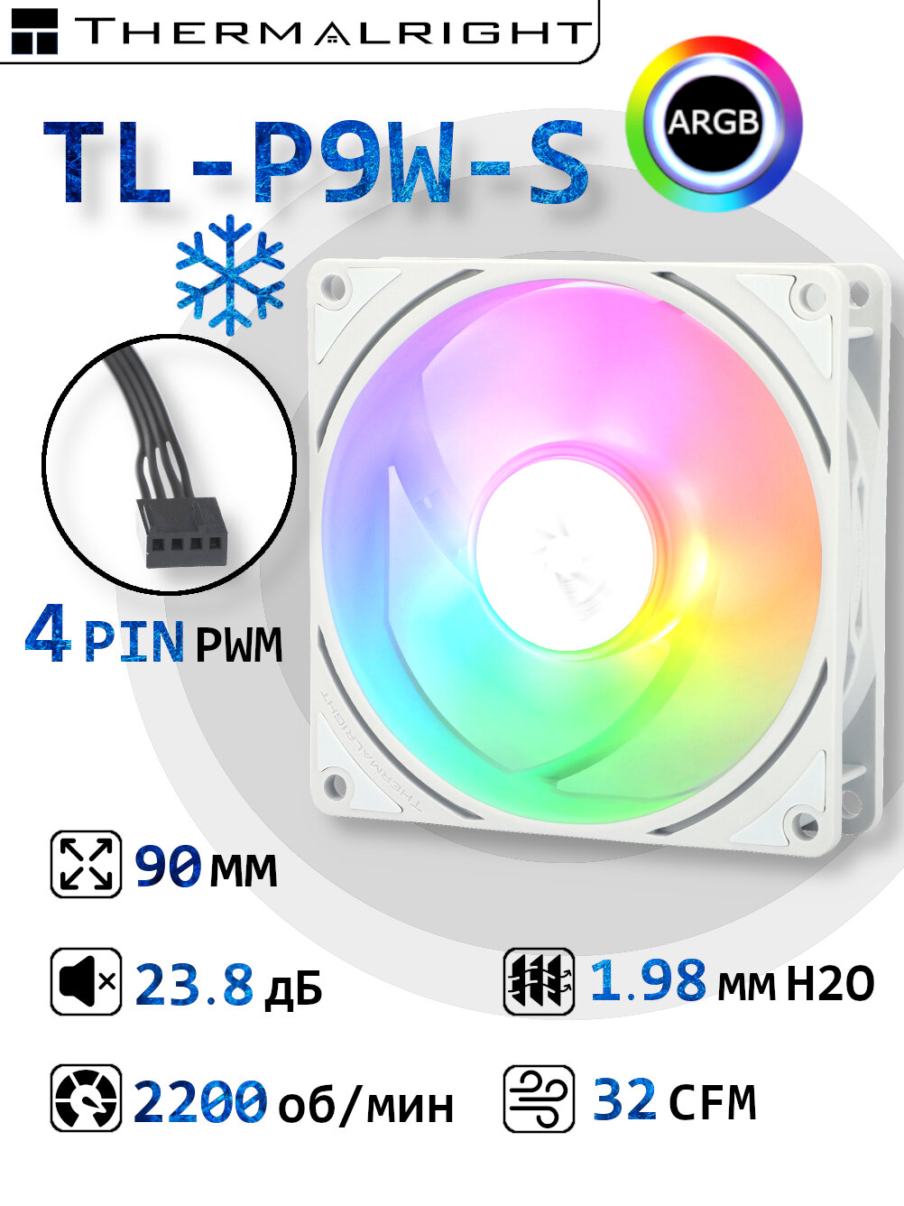 Корпусный вентилятор для ПК Thermalright TL-P9W-S Белый, 90 мм, ARGB