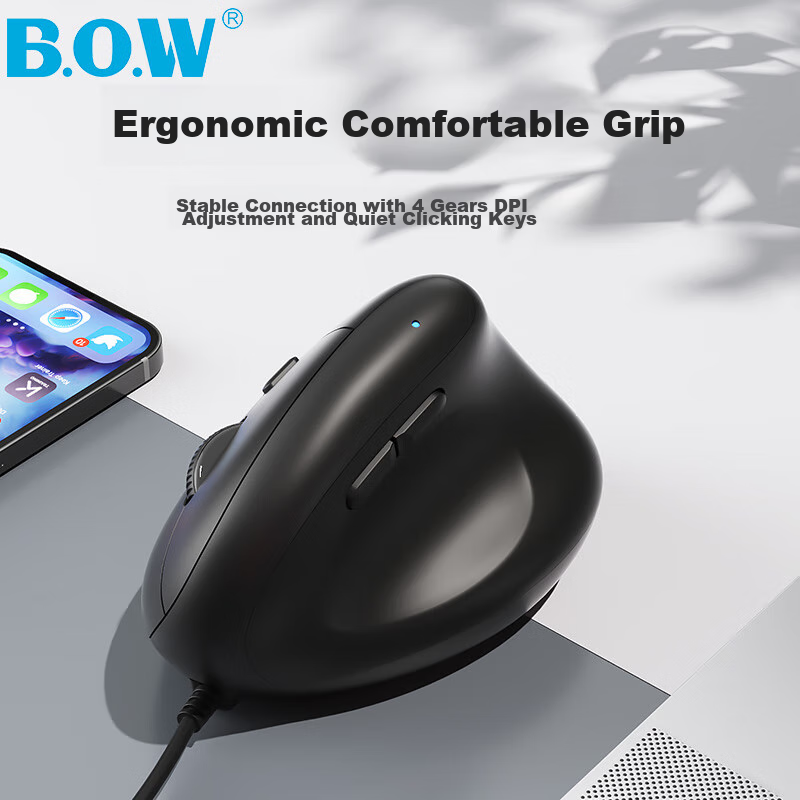 B.O.W Hangshi M190U Ergonomic Wired Mouse, Office Computer Vertical Grip Mouse, General-Purpose Silent Mouse for Drawing And Modeling, Black