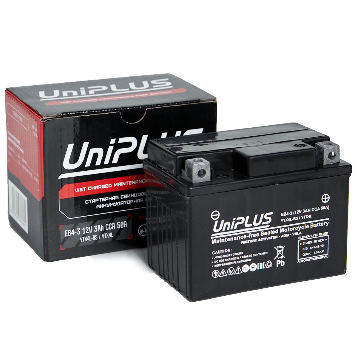 Мото аккумулятор Leoch UniPLUS EB4-3 (12В 3Ач 50А 113х70х85 мм) обр. пол.