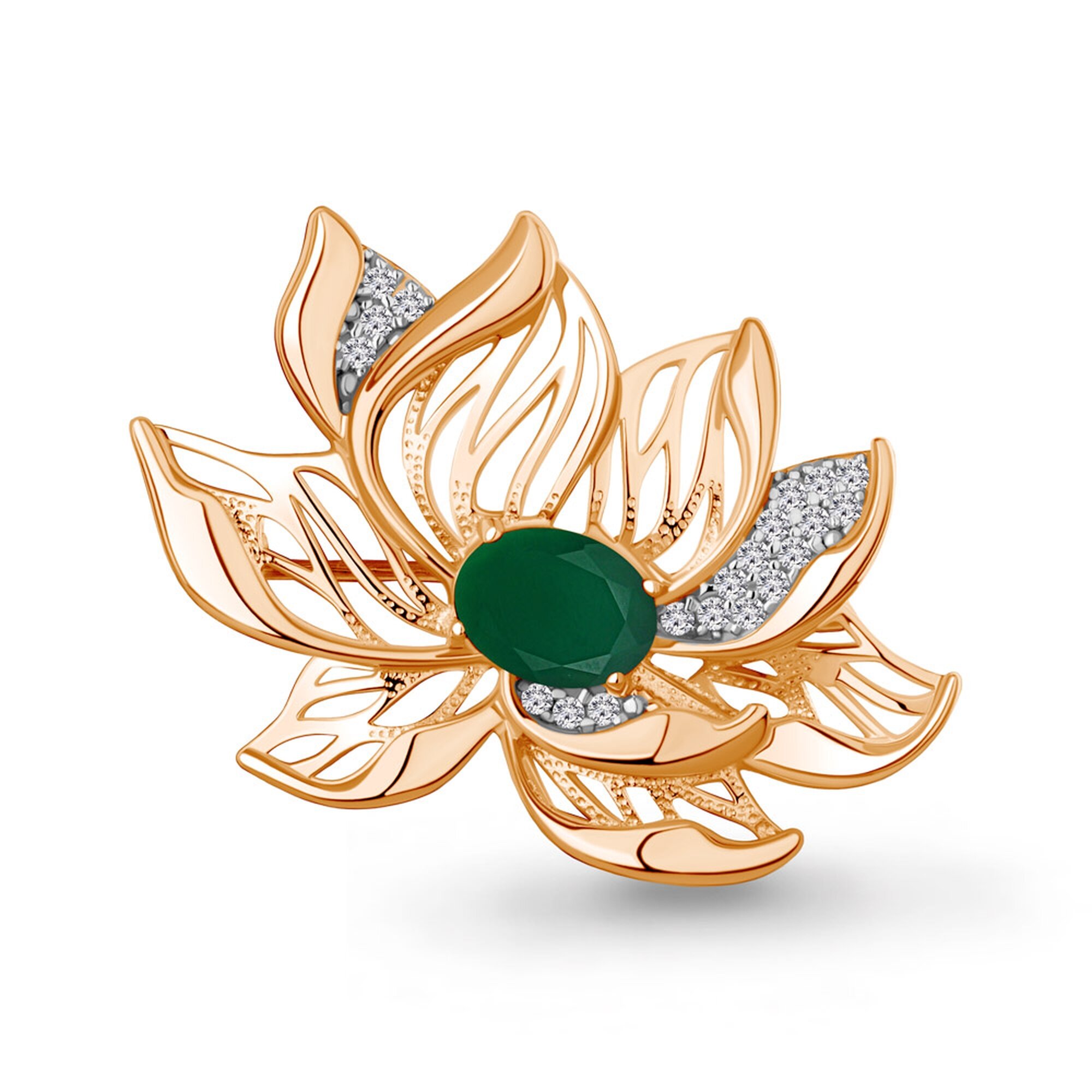 Брошь, серебро, 925 проба, золочение, фианит, агат