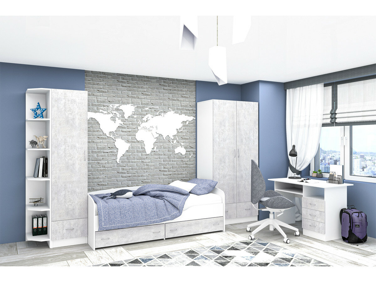 Детская комната ЛДСП (800х1900), набор 5, Белый/Цемент светлый