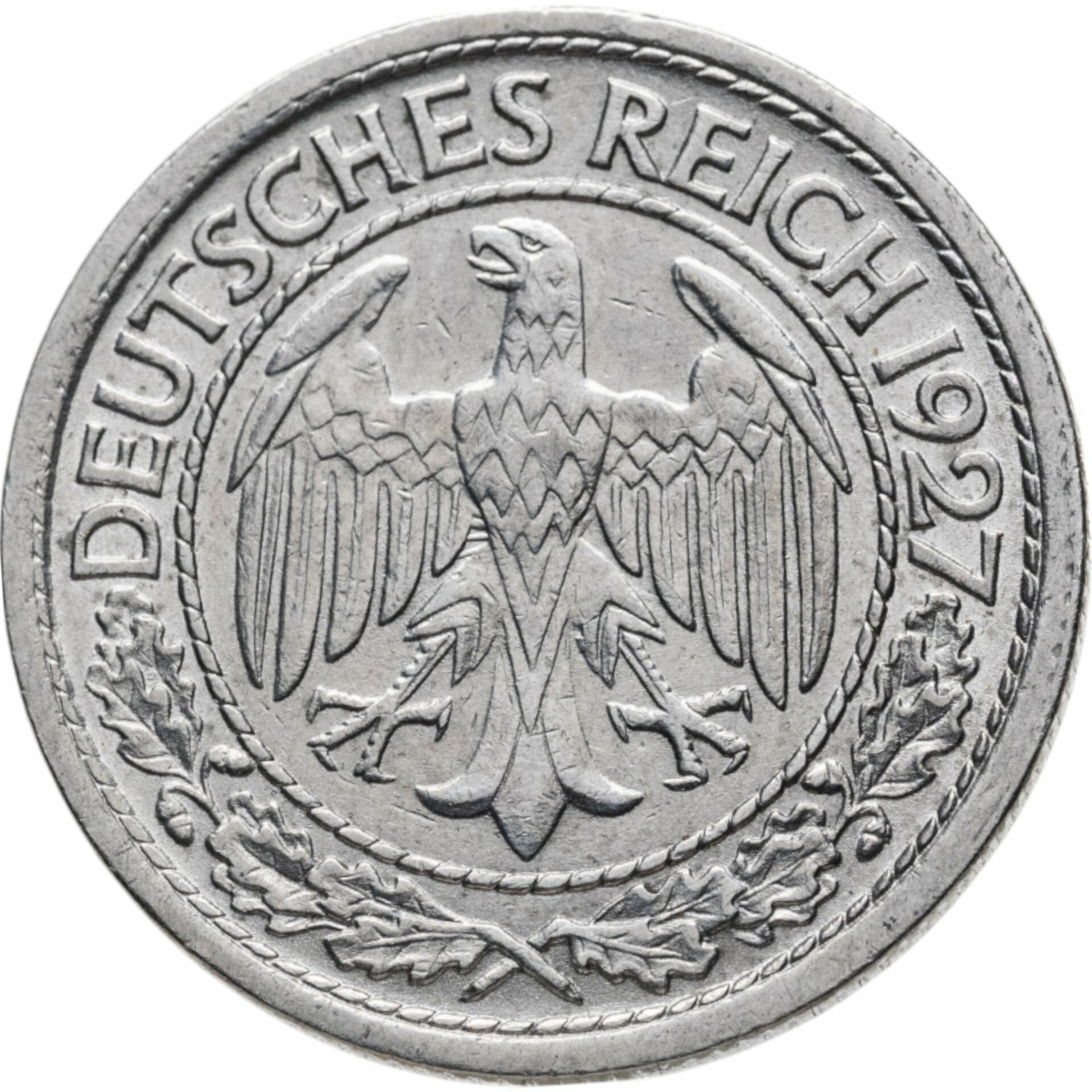 Германия 50 рейхспфеннигов reichspfennig 1927 знак монетного двора "J" — Гамбург, Никель, в сохранности AU