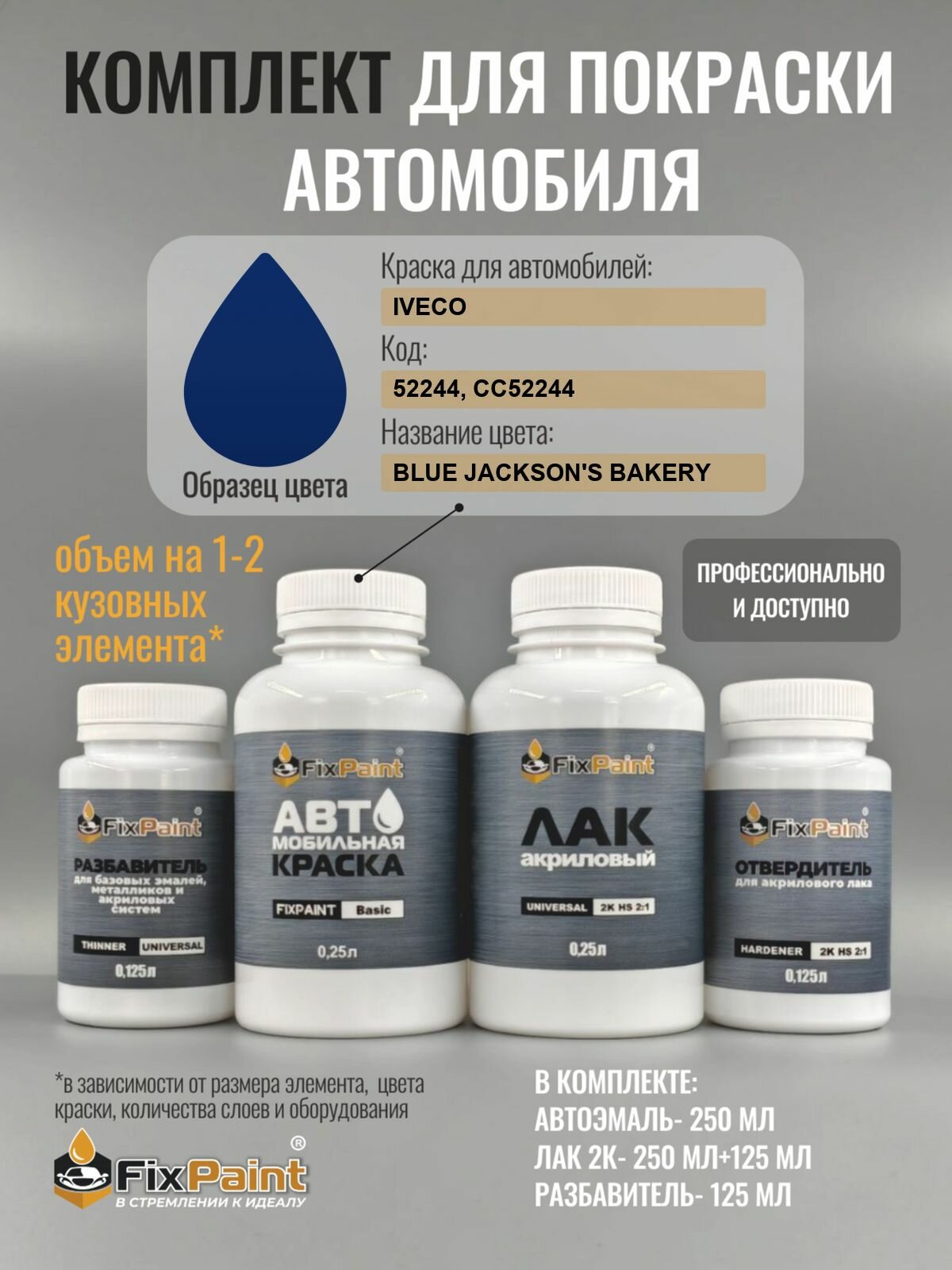 Комплект для покраски IVECO, код 52244, CC52244, BLUE JACKSON'S BAKERY, базовая автомобильная эмаль 250 мл, лак 2K 250 мл с отвердителем, разбавитель 125 мл, FixPaint Pro