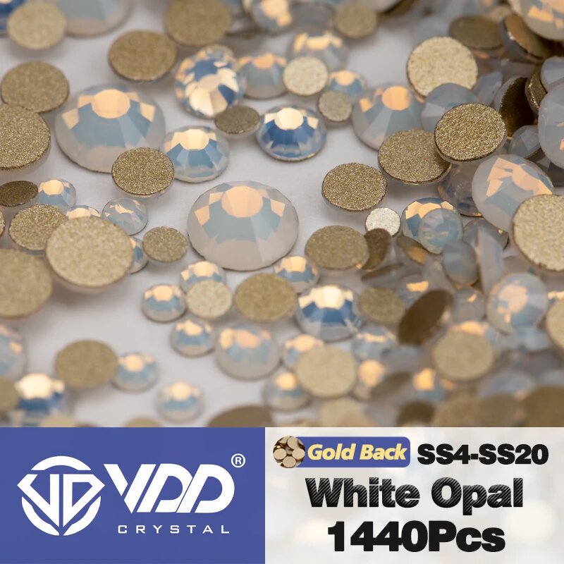 Кристаллы VDD White Opal SS16, 1440шт, с золотой основой