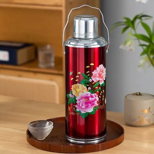 Термос С ручкой "красный глянец и цветок", 2 л