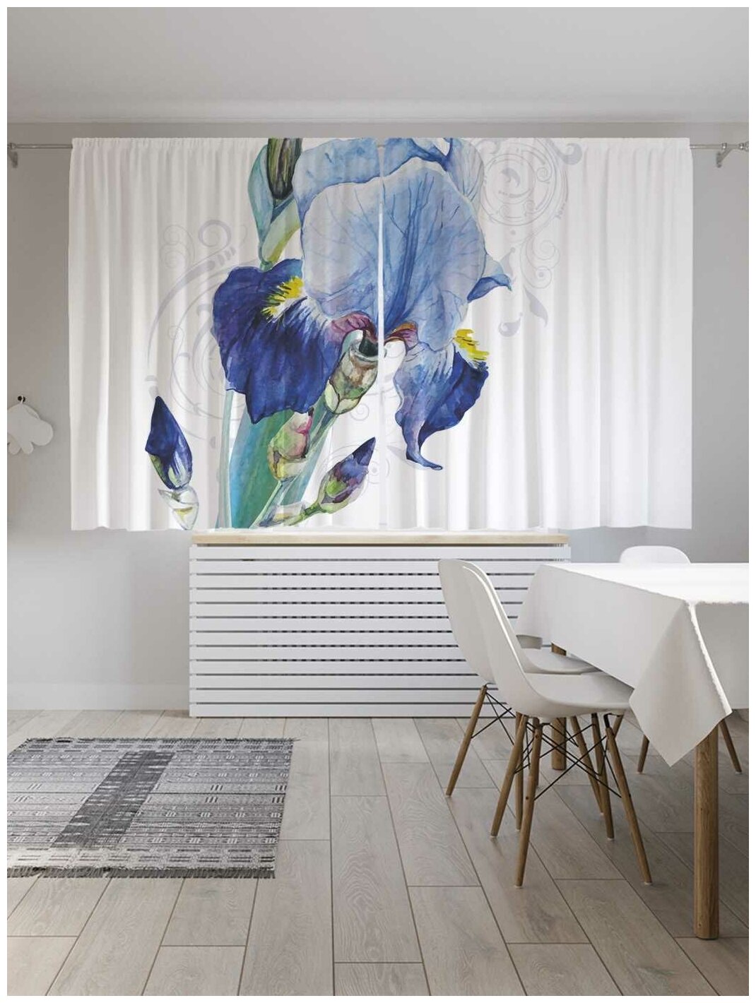Фотошторы короткие "Акварельные ирисы", 2 полотна шириной по 145 см, высота 180 см, JoyArty