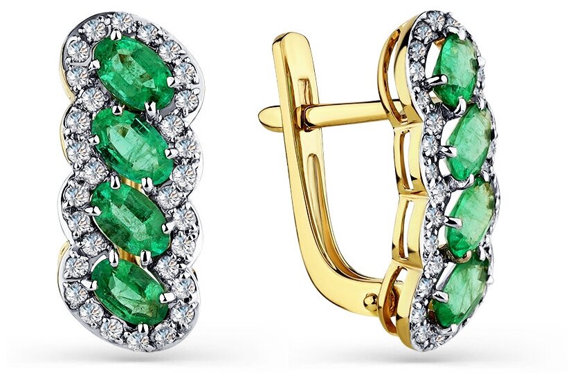 Серьги, желтое золото, 585 проба, бриллиант, изумруд