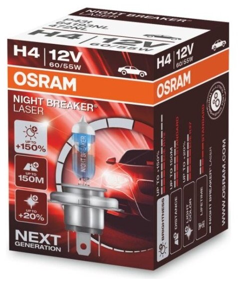 Лампа автомобильная Osram Night Breaker Laser H4 60/55W P43t+150% 4050K 12V, 64193NL