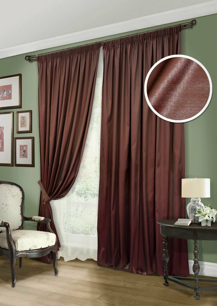 Шторы для комнаты шанзелизе 250 см высота 400 см ширина ( 2 шторы по 200 см ) на шторной ленте цвет бордовый