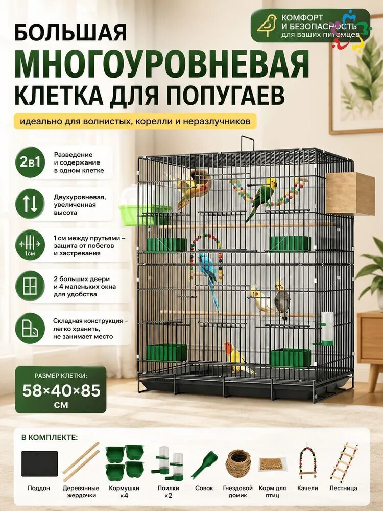 Клетка для попугая большая черная с поддоном, для волнистых и корелл, 58*40*85 см