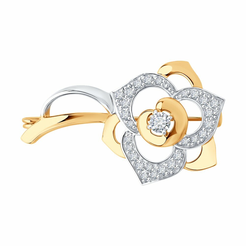 Брошь, красное золото, 585 проба, фианит