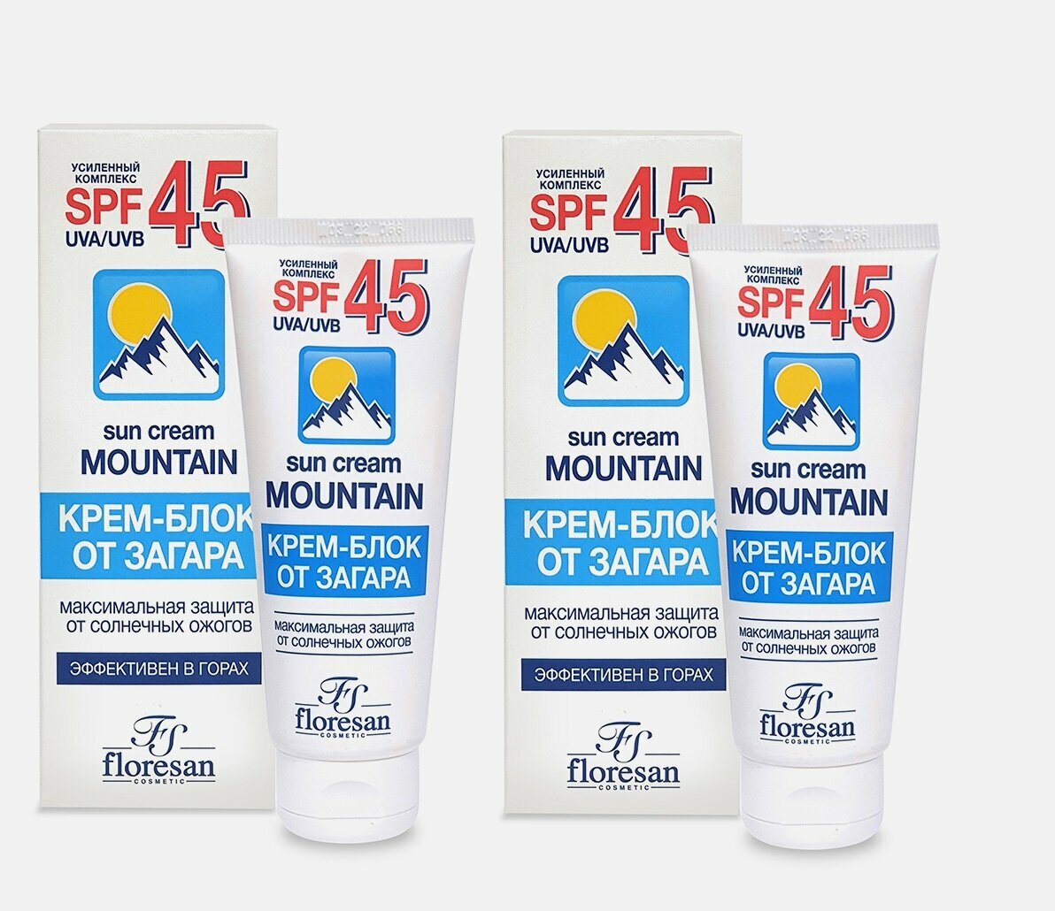 Крем от загара Floresan, Защита от солнца, водостойкий, специально для гор, SPF 45, 60 мл, 2 шт.