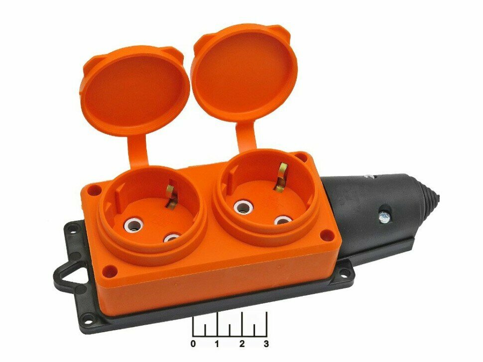 Розетка электрическая 2* на кабель с землей резиновая с крышкой оранжевая Universal IP44 (3033)