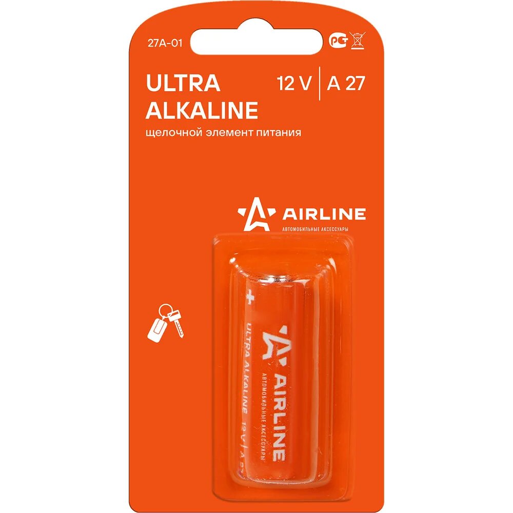 Батарейка Airline A27, 12V, щелочная, тип LR, для брелоков сигнализаций, автомобильных охранных систем, ресурс