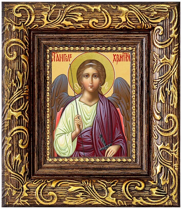 Ангел Хранитель (лик № 212), икона в широкой темной пластиковой рамке 10,5*12 см