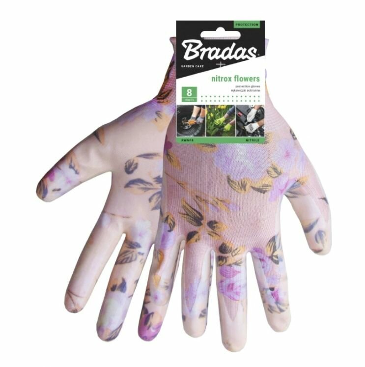 Перчатки садовые NITROX FLOWERS с нитрилом цветы размер 8 Bradas, 3 пары