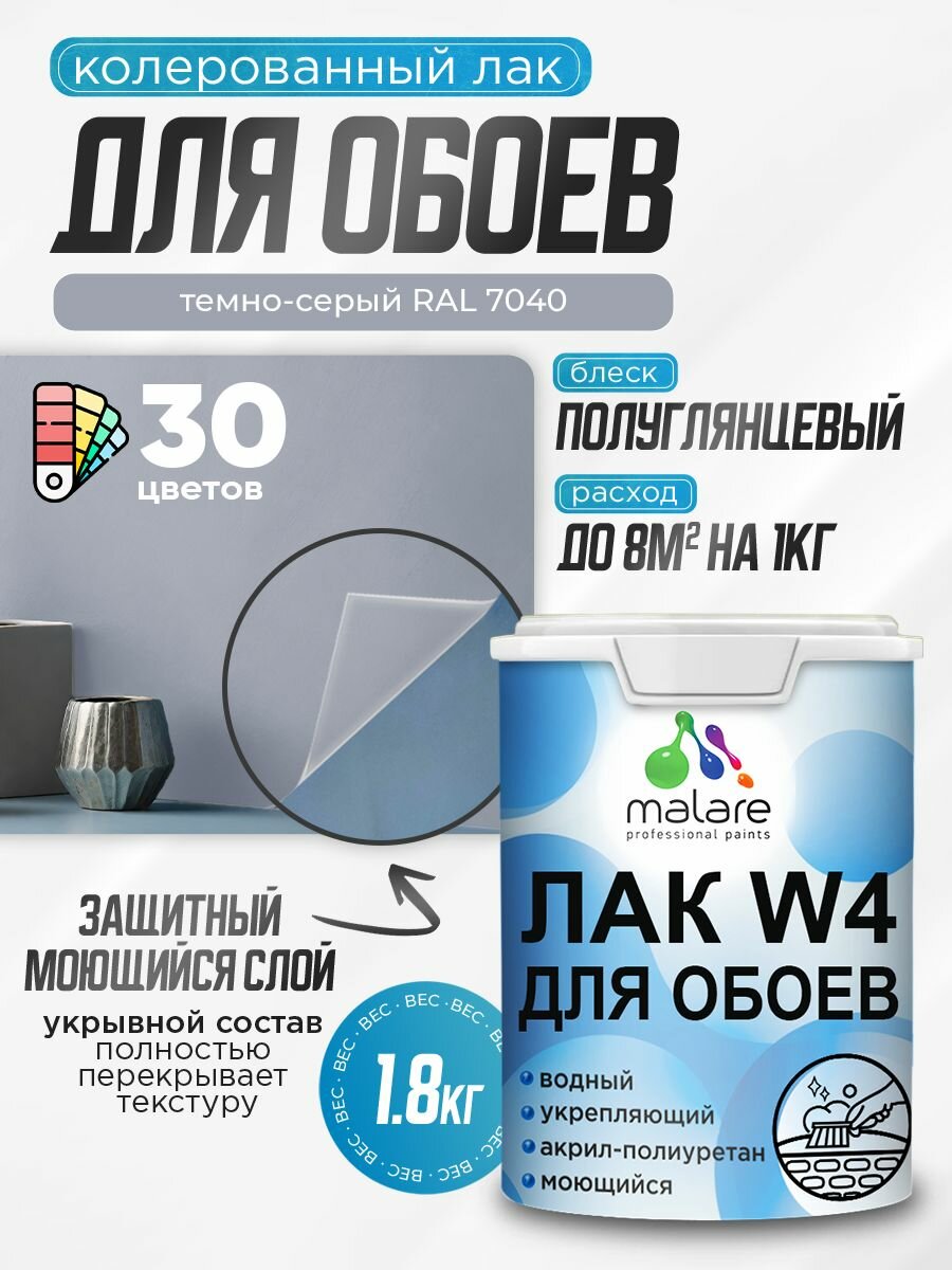 Лак колерованный укрывной для защиты обоев Malare W4 универсальный для дерева и минеральных поверхностей, водный без запаха быстросохнущий, полуглянцевый RAL 7040 темно-серый, 1.8 кг.