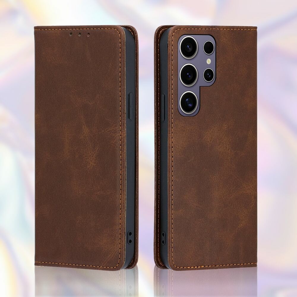 Кожаный чехол-книжка MyPads для Samsung S24 Ultra (коричневый)
