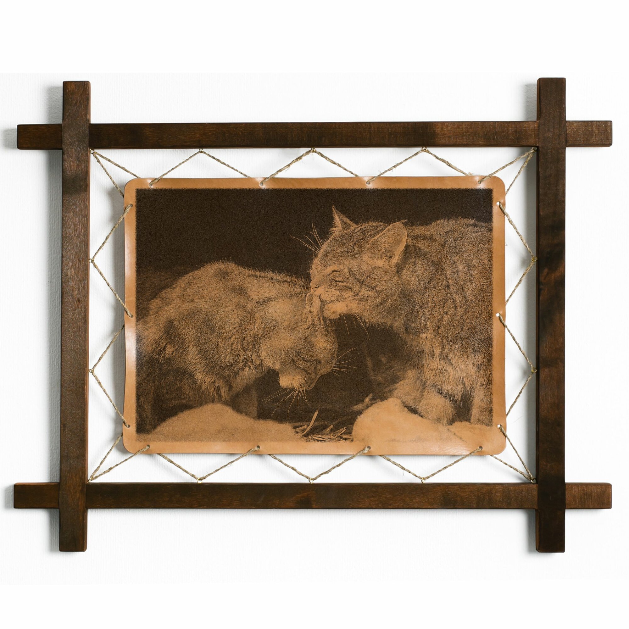 Картина интерьерная, натуральная кожа, "Кошачья пара", в деревянной раме, BoomGift