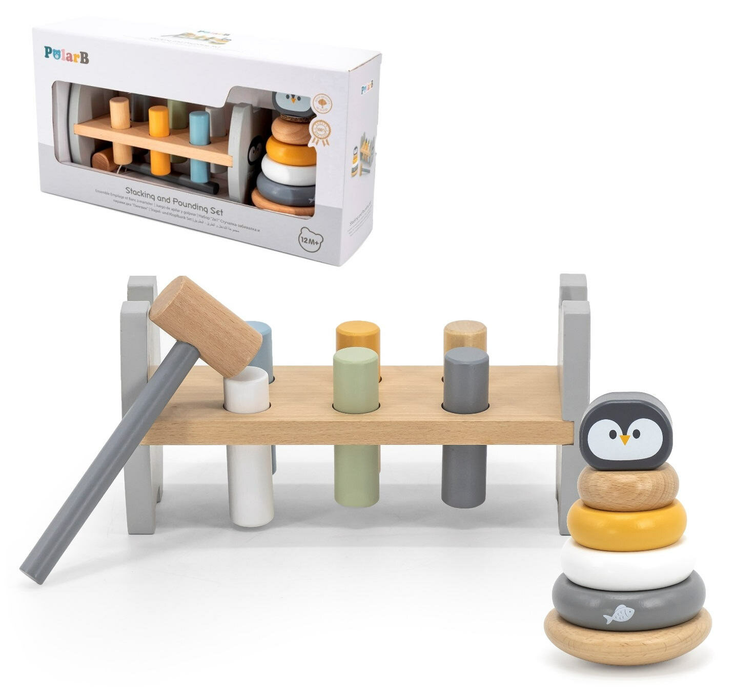 Набор "2в1": стучалка-забивалка и пирамидка "Пингвин", серый в