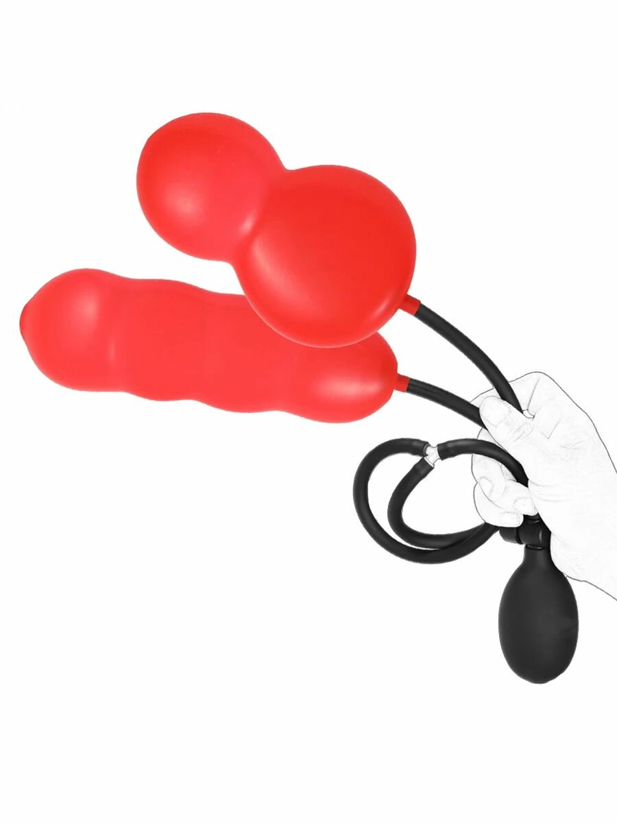 Двойной красный надувной анальный расширитель с грушей