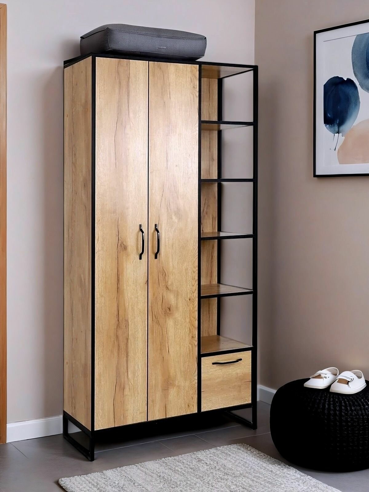 Распашной шкаф для одежды и хранения вещей Виртон 2 Ивару с полками, со штангой, с доводчиками 95x40x200 см, дуб крафт золотой