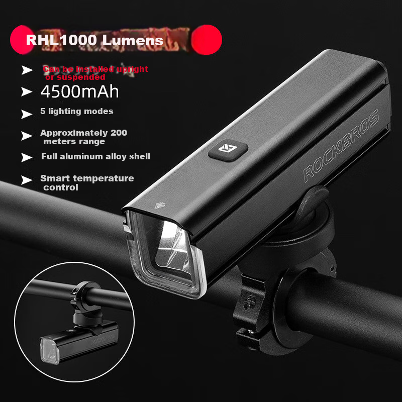 ROCKBROS Bike Light RHL1000 Front Light High Beam Rechargeable Flashlight for Mountain Road Bike with Hanging Function for Night