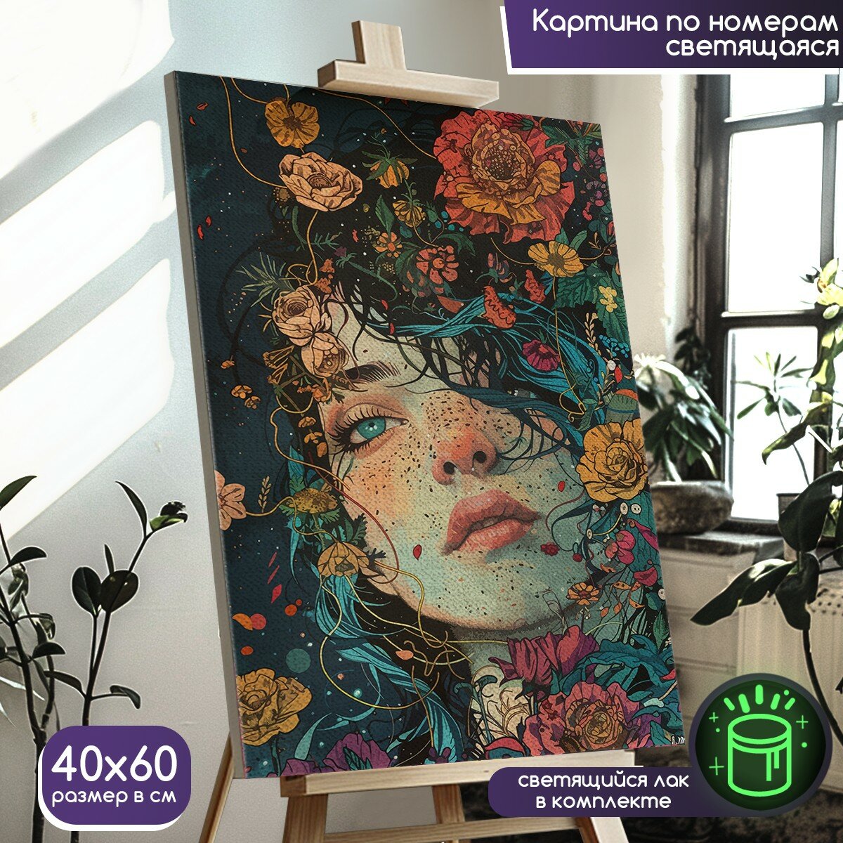 Картина по номерам светящаяся: 60Х40 девушка лежит в цветах (космос, бабочки, красота) - 1551 В