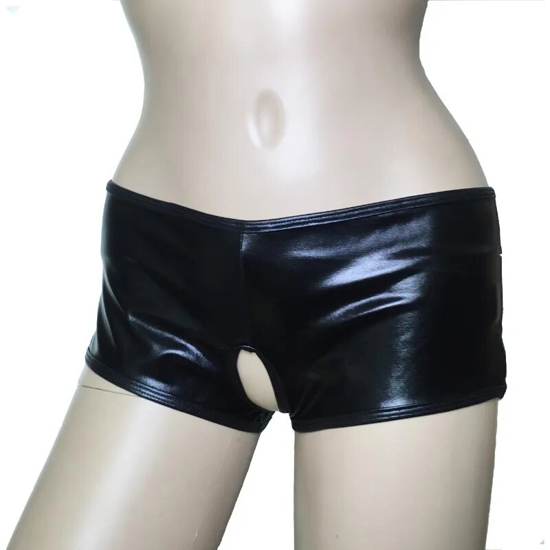 Сексуальные женские блестящие кожаные трусики без промежности, трусики-танга с открытой промежностью, Клубное нижнее белье, нижнее белье, трусики, Фетиш-белье M, Черный