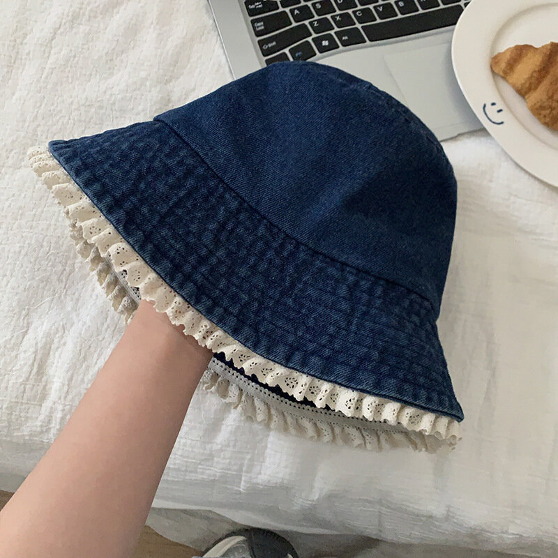 Милая рыбацкая шляпа, джинсовая ткань с кружевными краями, солнцезащитная шляпа-тазик, небольшая шляпа-ведро в студенческом стиле для женщин