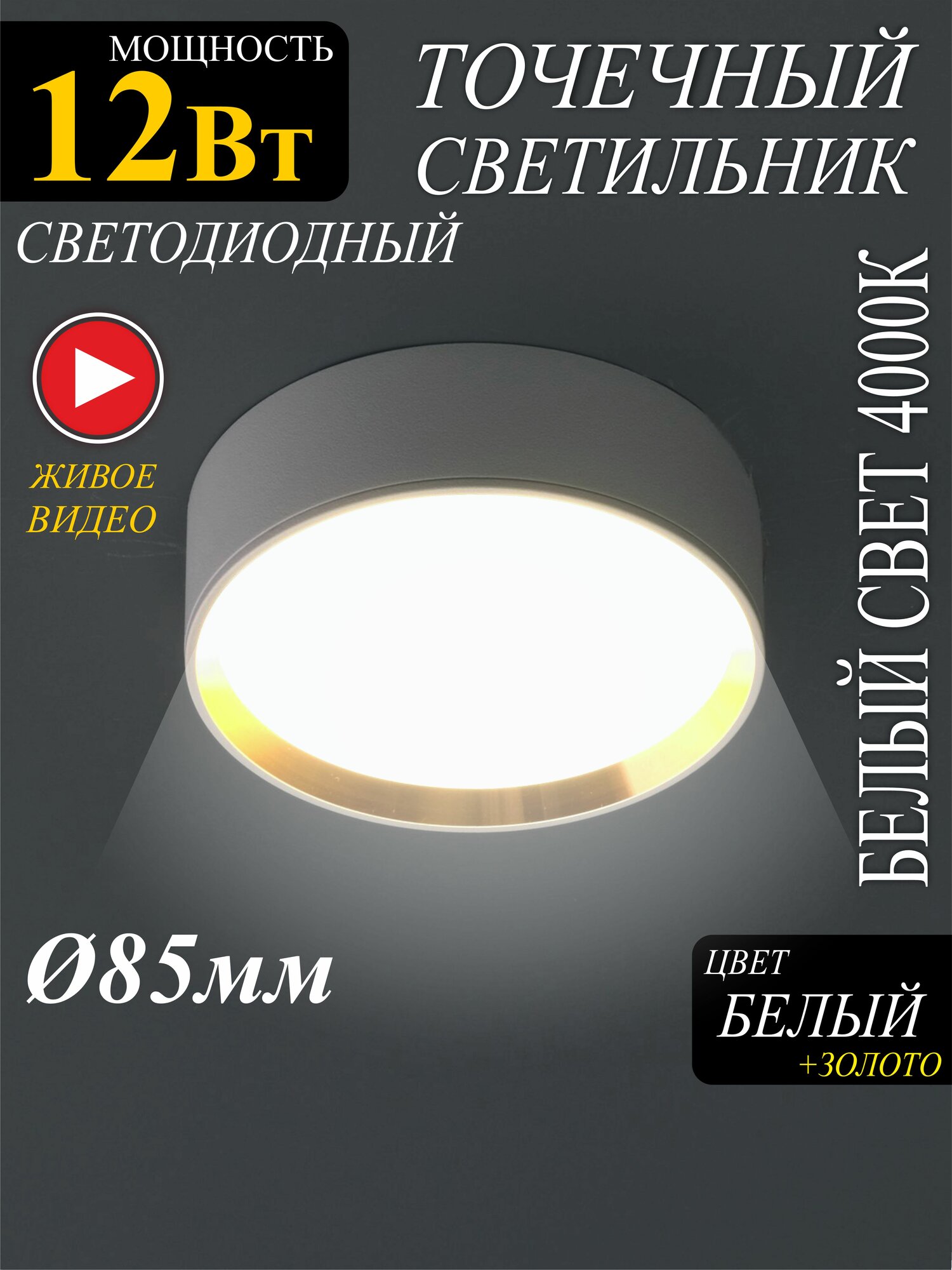 Светильник точечный светодиодный спот потолочный встраиваемый, белый с золотом PR-23