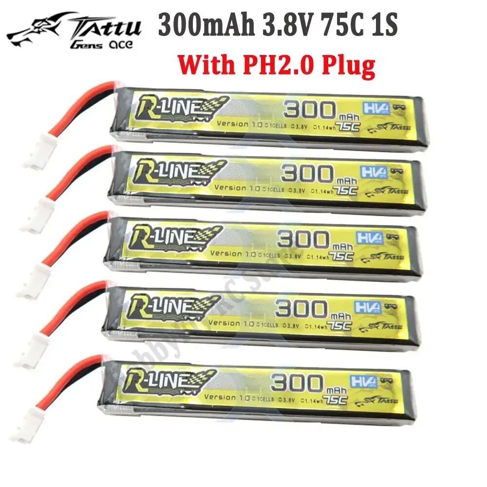 Литиевая батарея TATTU, 300 мАч, 3,8 В, 1S, 75C, 5 шт, со штекером BT2.0/PH2.0