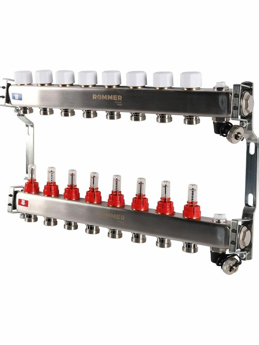 Коллектор Rommer RMS-1201-000008 на 8 выхода с расходомером, с клапаном вып. воздуха и сливом