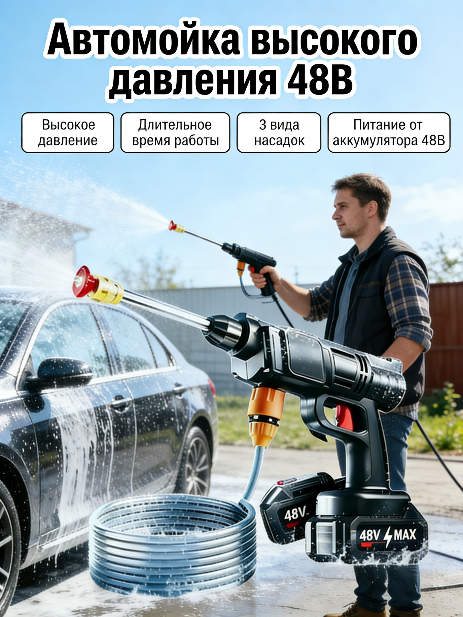 Аккумуляторная автомойка высокого давления с кейсом 2 аккумулятора. Минимойка