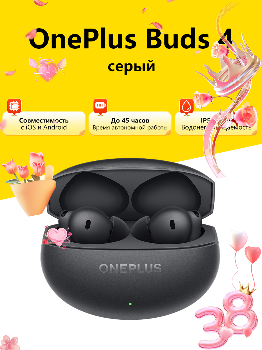 Беспроводные наушники OnePlus Buds 4, Bluetooth, USB Type-C, шумоподавлением ANC, темно-серый