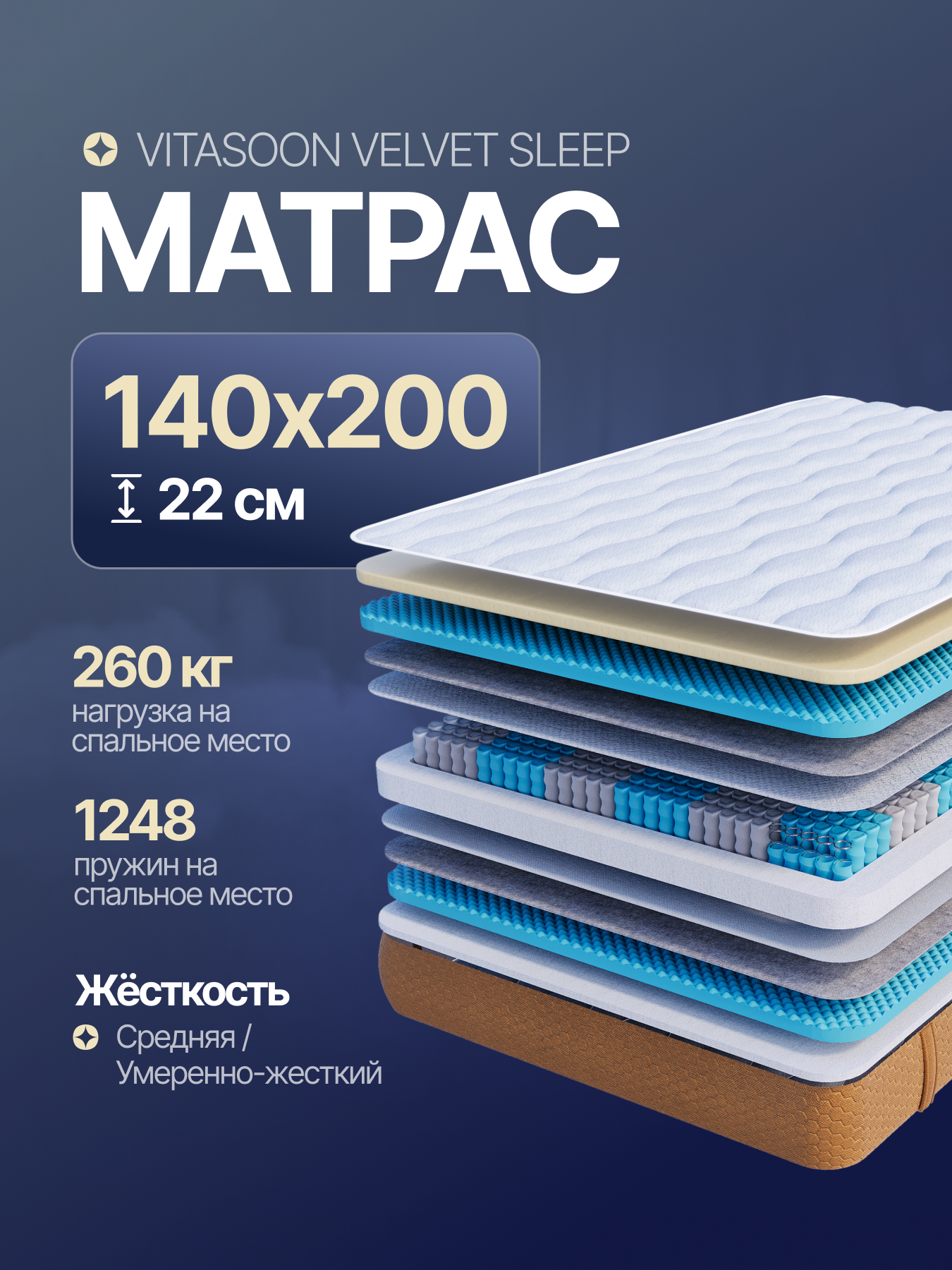 Матрас 140х200 ортопедический пружинный высота 22 см Vitasoon Velvet Sleep двуспальный