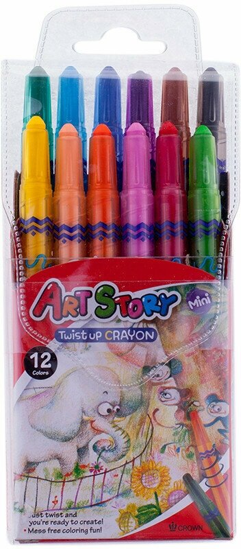 Карандаши восковые Crown "ArtStory", 12цв, мини, выкручивающийся стержень, ПВХ, европодвес, 215636
