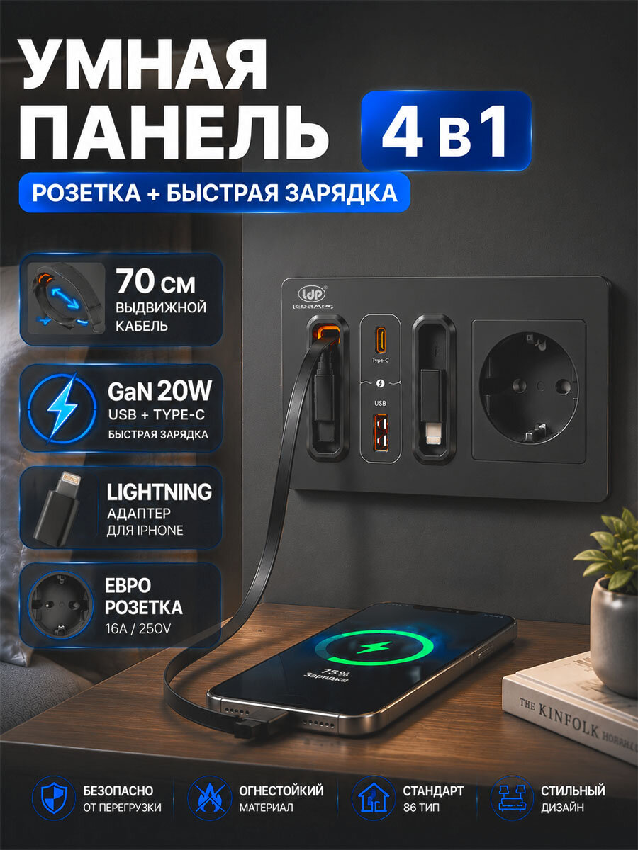 Умная розетка 86 мм с USB-A, USB Type-C PD 20W (GaN), выдвижным кабелем Type-C 70 см, Lightning-адаптером и европейской розеткой 16A