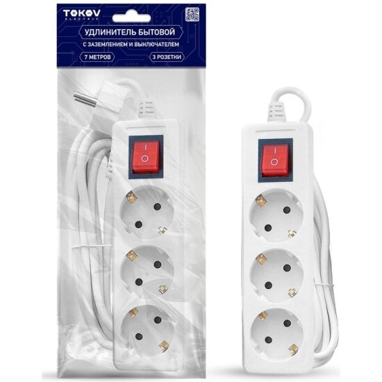 Удлинитель Tokov Electric 3х7м с заземл. с выкл. 16А 3х1, TKE-C01-BU3-7-1-ZV