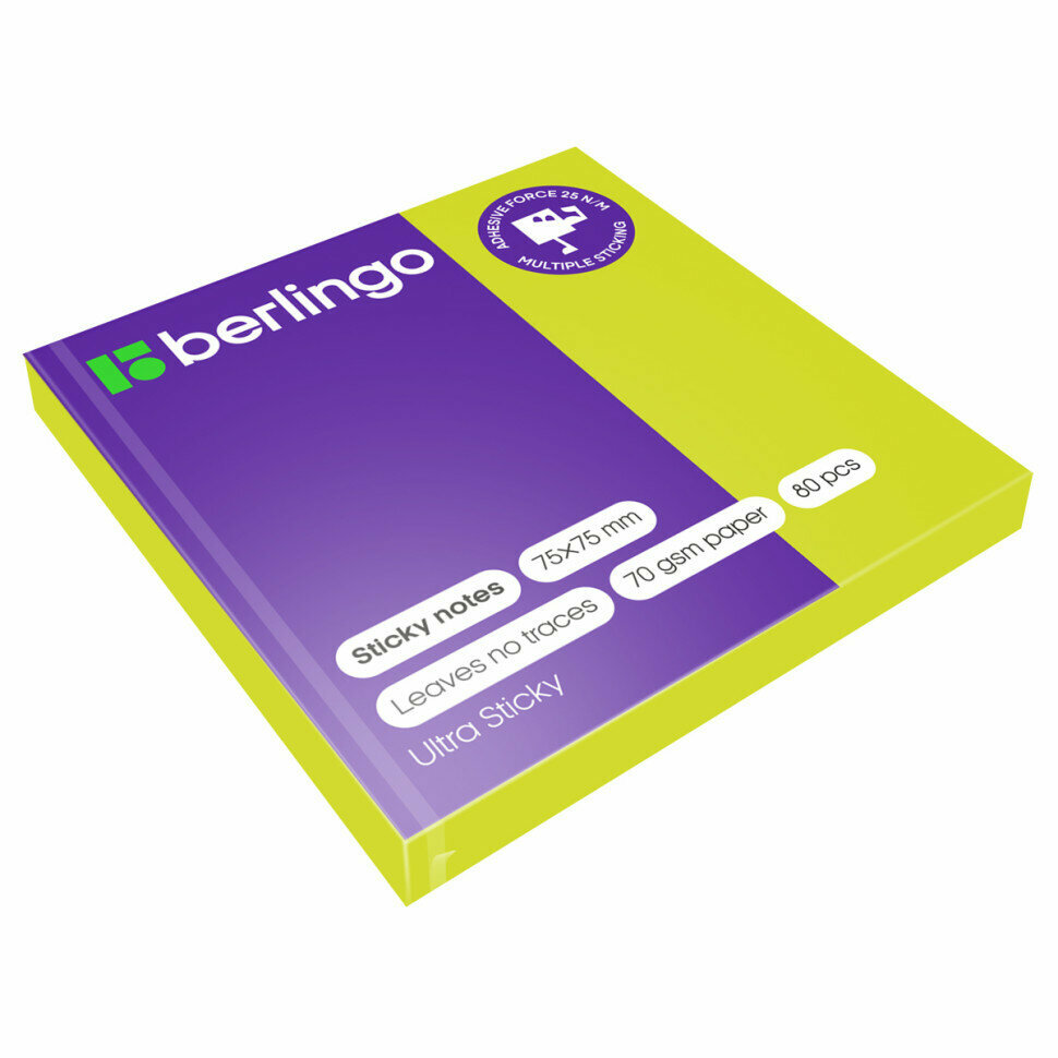 Самоклеящийся блок Berlingo "Ultra Sticky", 75*75мм, 80л, зеленый неон, 270276