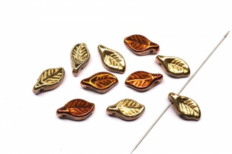 Бусина Листочек 12х6х3мм, цвет 00030/98542 оранжевый/золотой, непрозрачная, 735-163, 10шт
