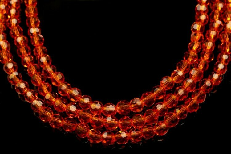 Бусина стеклянная граненая круглая 4мм, цвет оранжевый, прозрачная, 543-015, 20шт