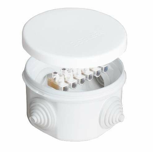 Распределительная коробка Электропромпласт белая, диаметр 75х45 мм, IP54, с клеммами, 4 выхода, 4 гермоввода, 10 А, 6 контактов, защелкивающаяся крышка