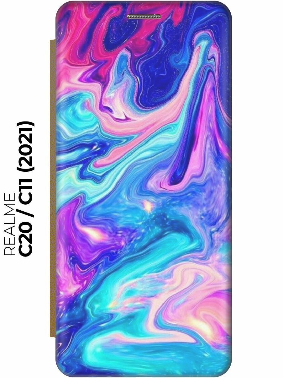 Чехол-книжка Сине-розовые краски на realme C20 / C11 (2021) / Рилми С20 / С11 (2021) золотой