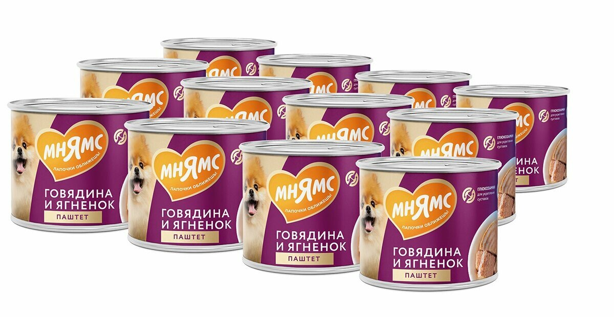 Мнямс Паштет из говядины и ягненка для собак всех пород «Здоровые суставы», 200гр, 12 банок